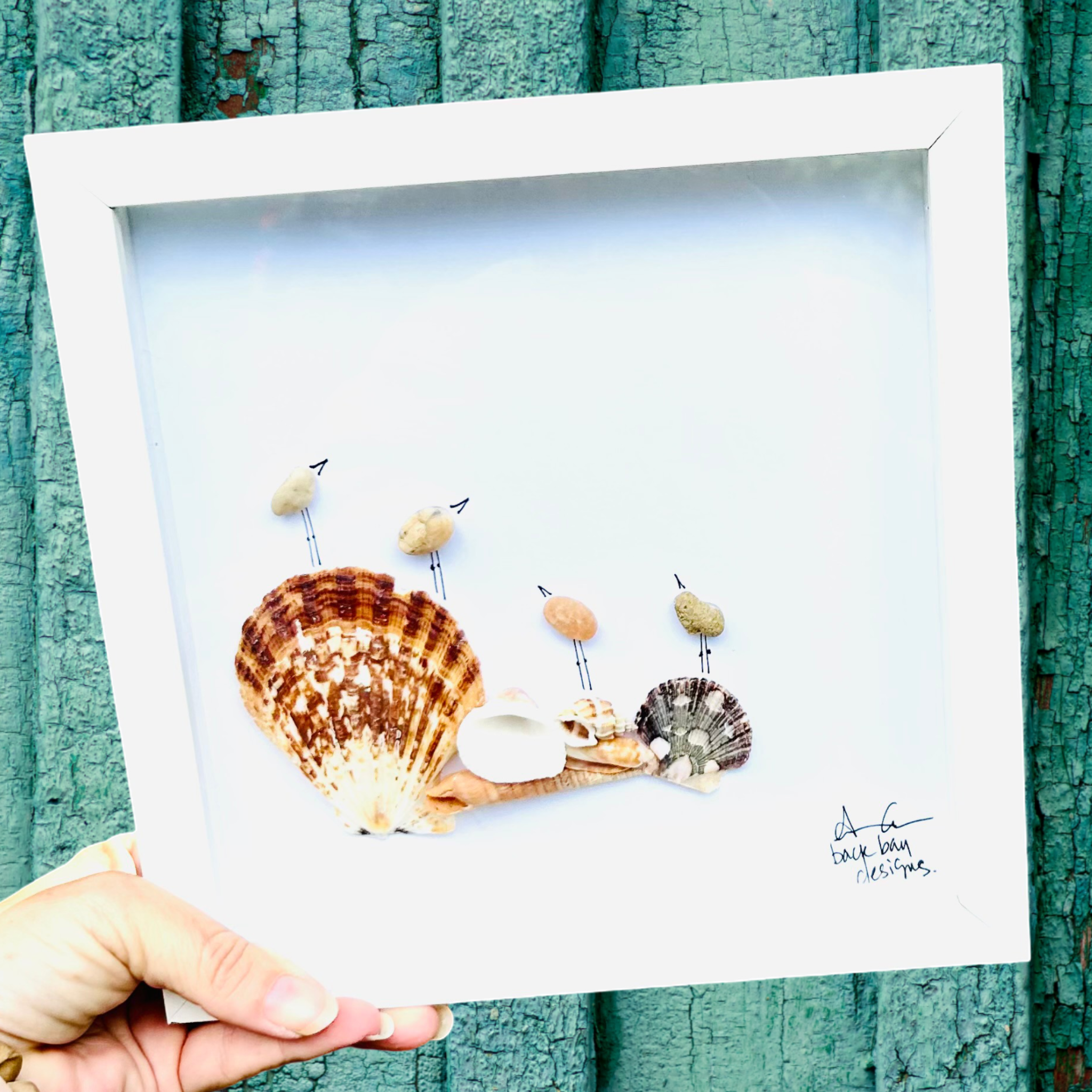 4 Sea Birds on Shells - Coastal Sea Glass Art Original Design, 8x8 Framed