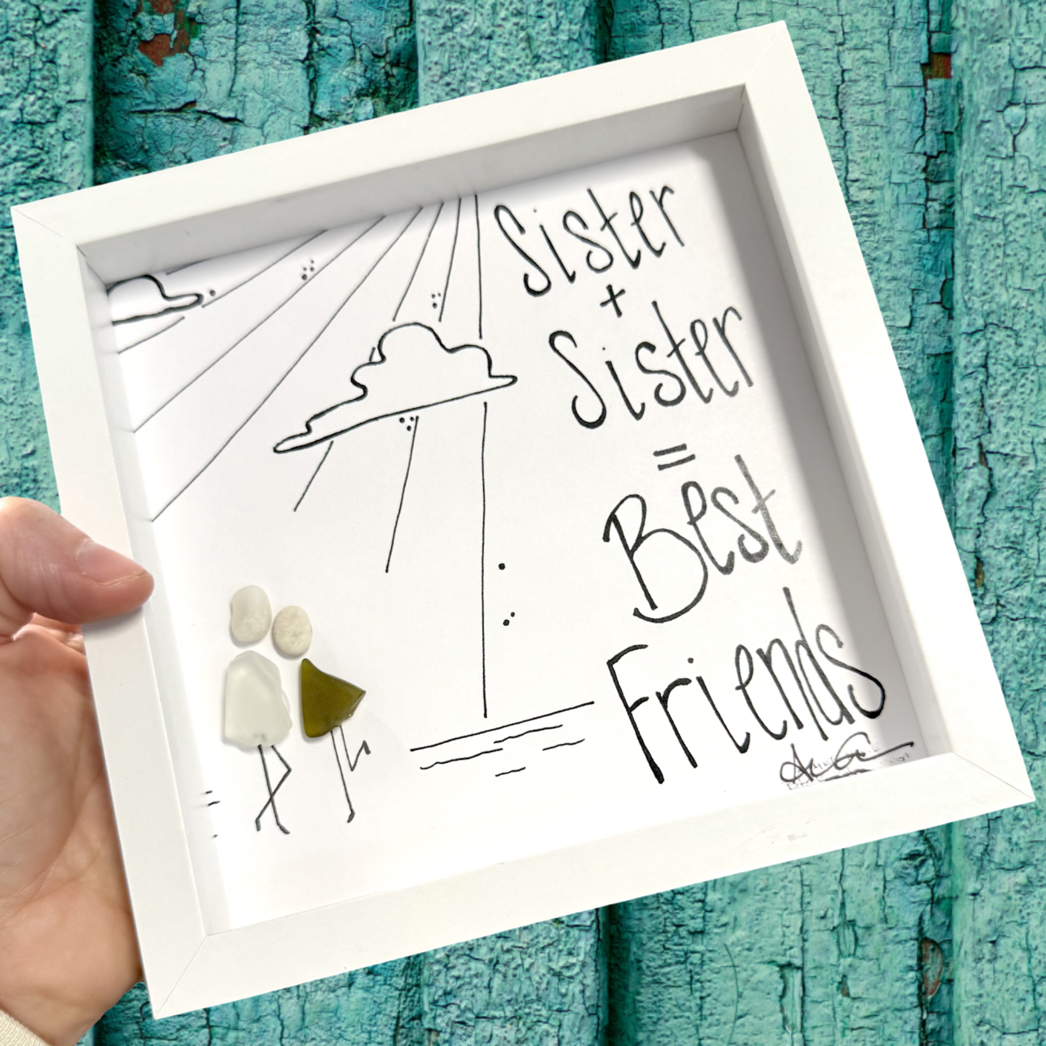 Sister Plus Sister MINI - Sea Glass Art - 6x6 Framed
